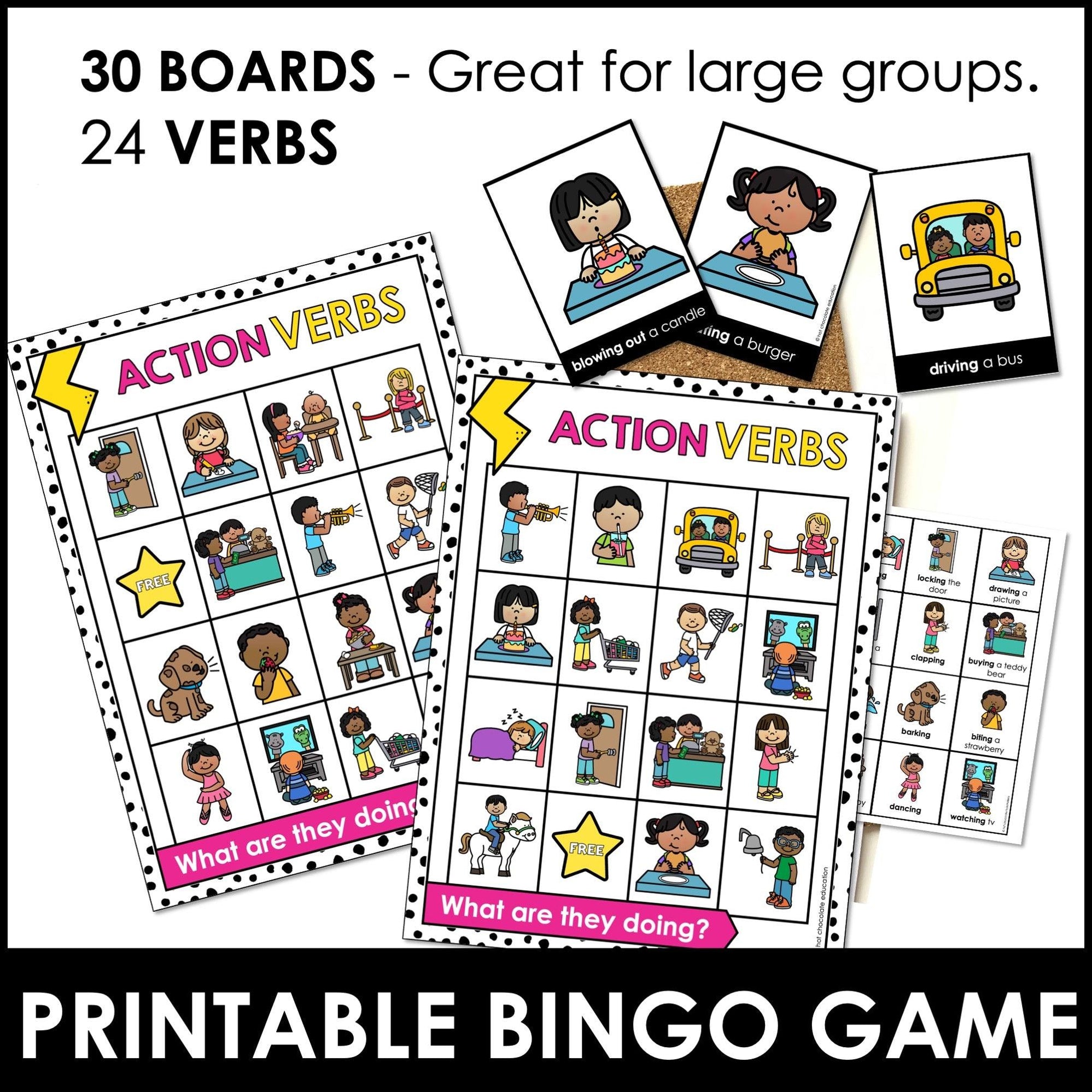 Action Verb Bingo Game + Present Tense Verb Flashcards – Hot Chocolate ...