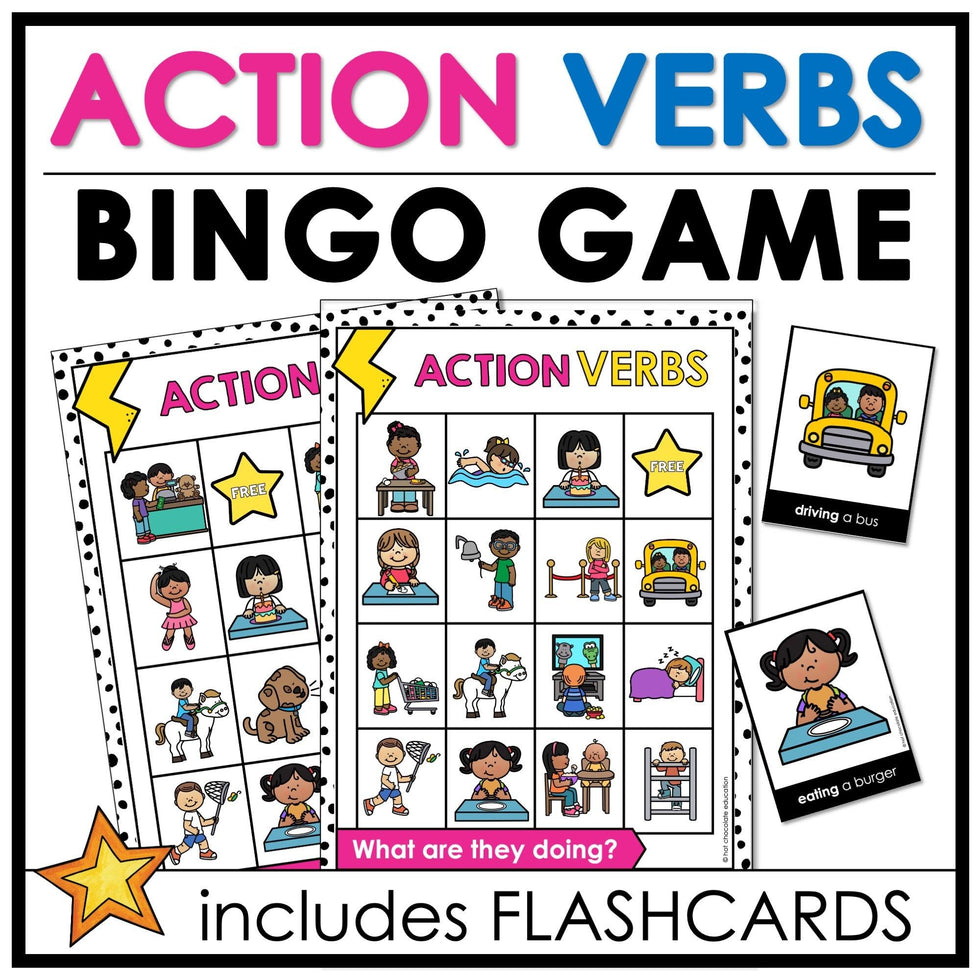 Action Verb Bingo Game + Present Tense Verb Flashcards