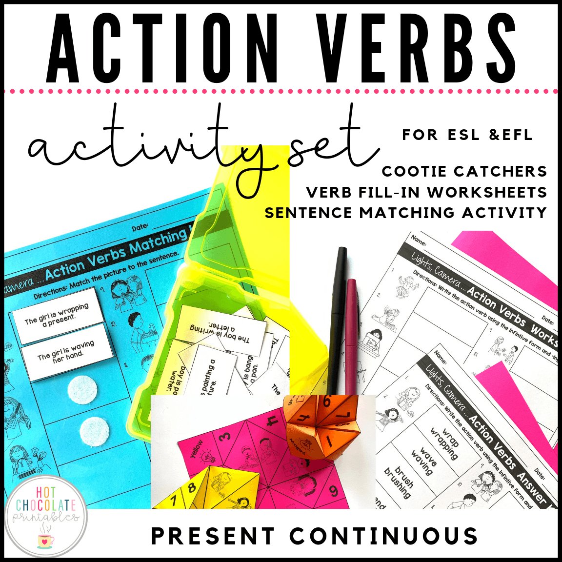 Action Verb Worksheet Pack + Cootie Catchers – Hot Chocolate Teachables