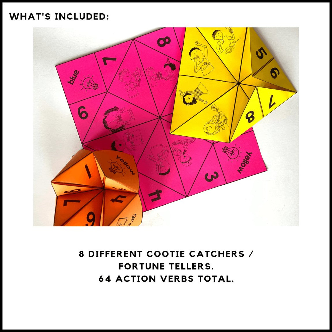 Action Verb Worksheet Pack + Cootie Catchers – Hot Chocolate Teachables