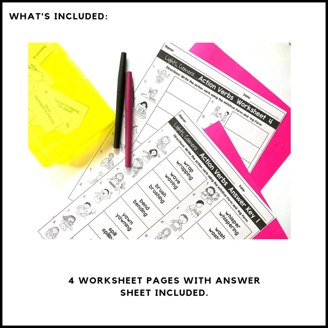 Action Verb Worksheet Pack + Cootie Catchers – Hot Chocolate Teachables