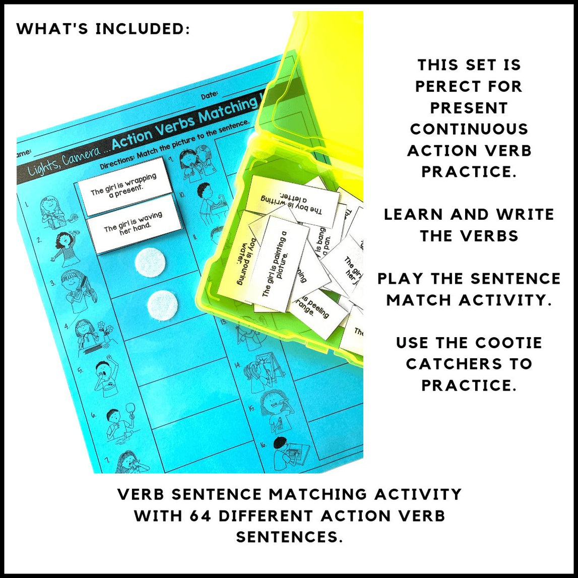 Action Verb Worksheet Pack + Cootie Catchers – Hot Chocolate Teachables