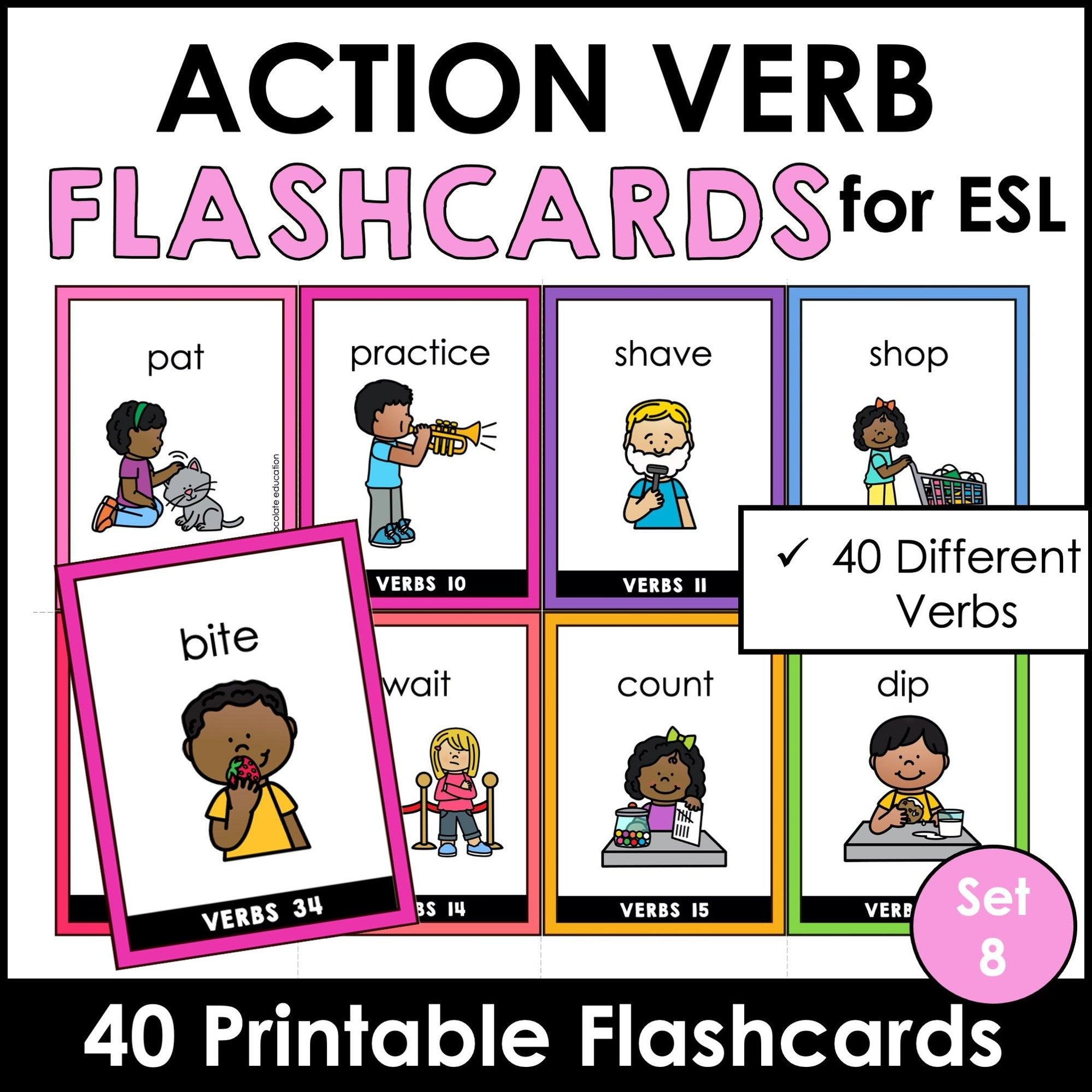 Action Verb Vocabulary Flashcards | ESL Flash Card Pack – Hot Chocolate ...