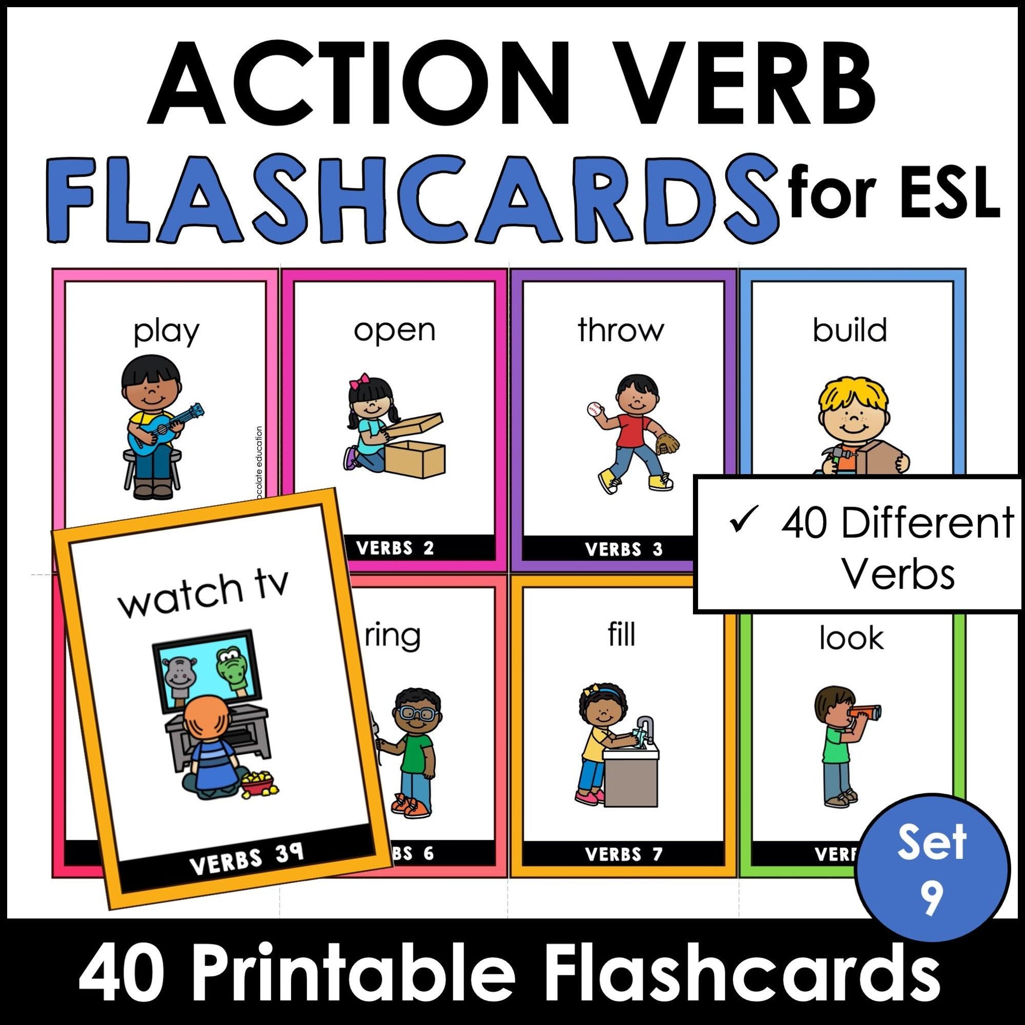 Action Verb Vocabulary Flashcards for ESL | Verb Cards – Hot Chocolate ...
