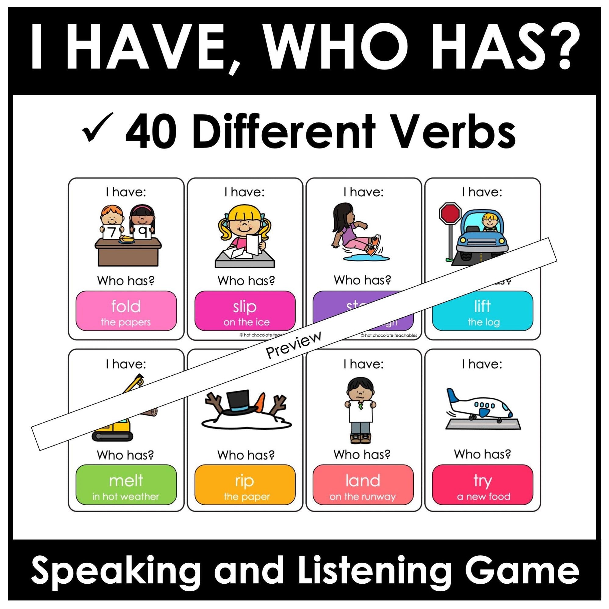 Action Verbs - I have, Who has? Card Game for ESL / EFL /ELL – Hot ...