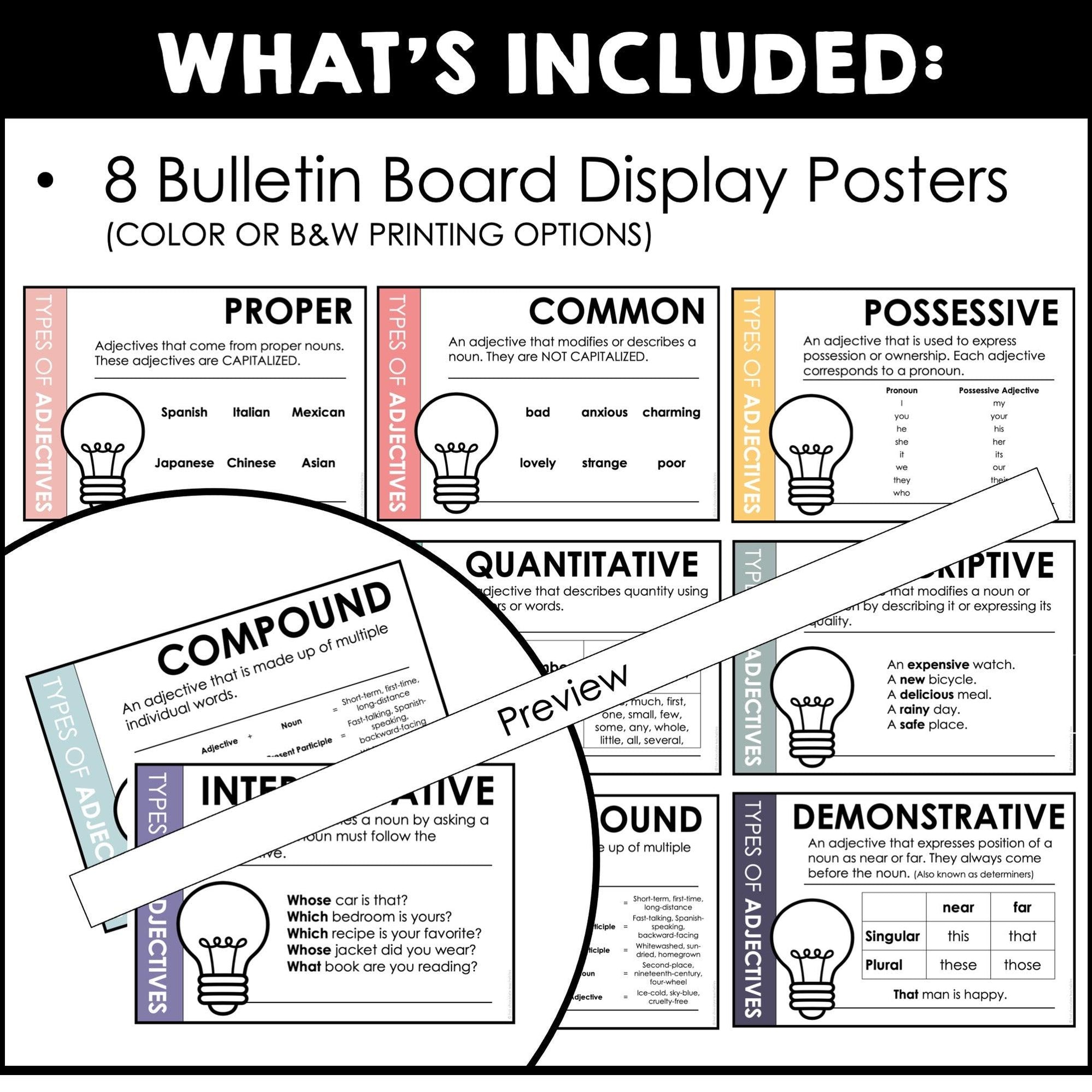 Adjective Types Bulletin Board Posters - Neutral Colors – Hot Chocolate ...