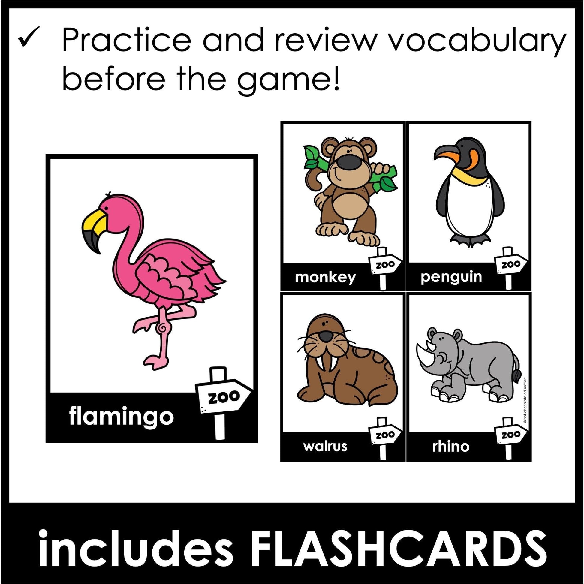 Animal Vocabulary Bingo Game with Flashcards