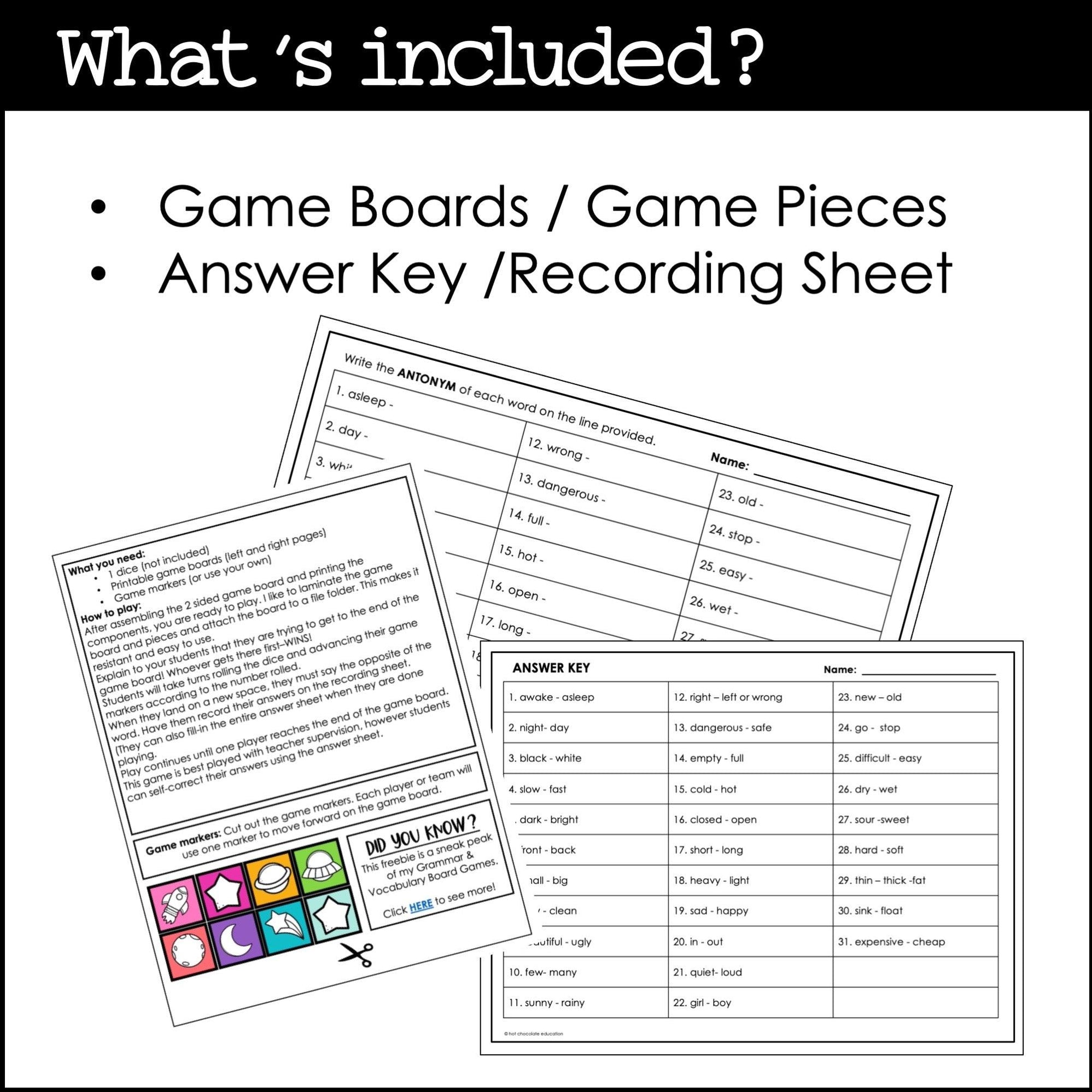 Antonyms : Opposite Words Board Game - Vocabulary Building – Hot ...