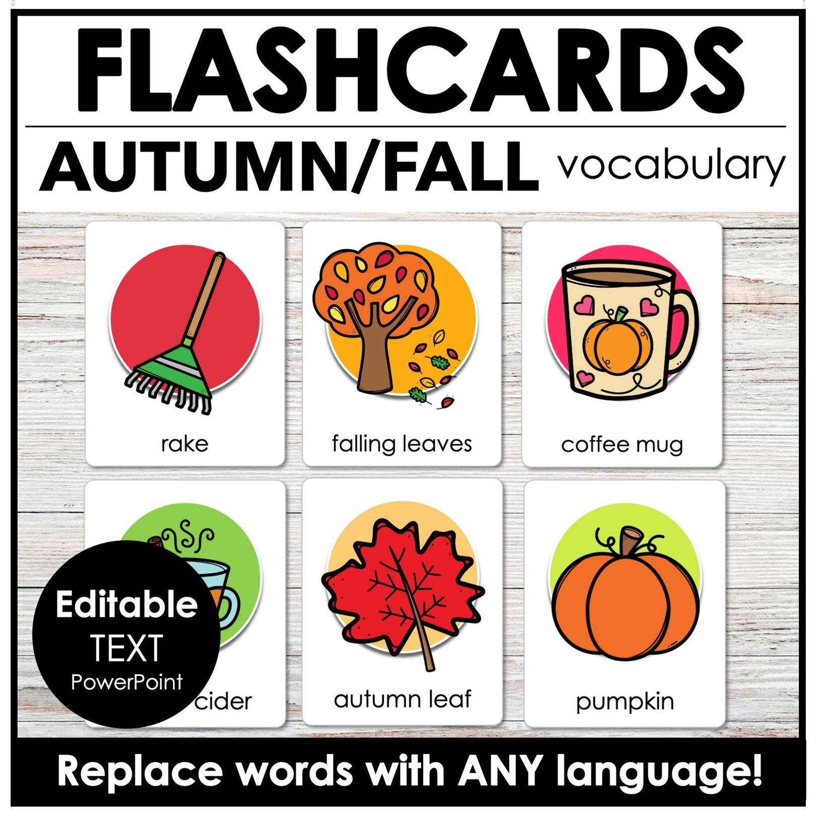 Autumn Vocabulary Flash Cards for Kids - Editable