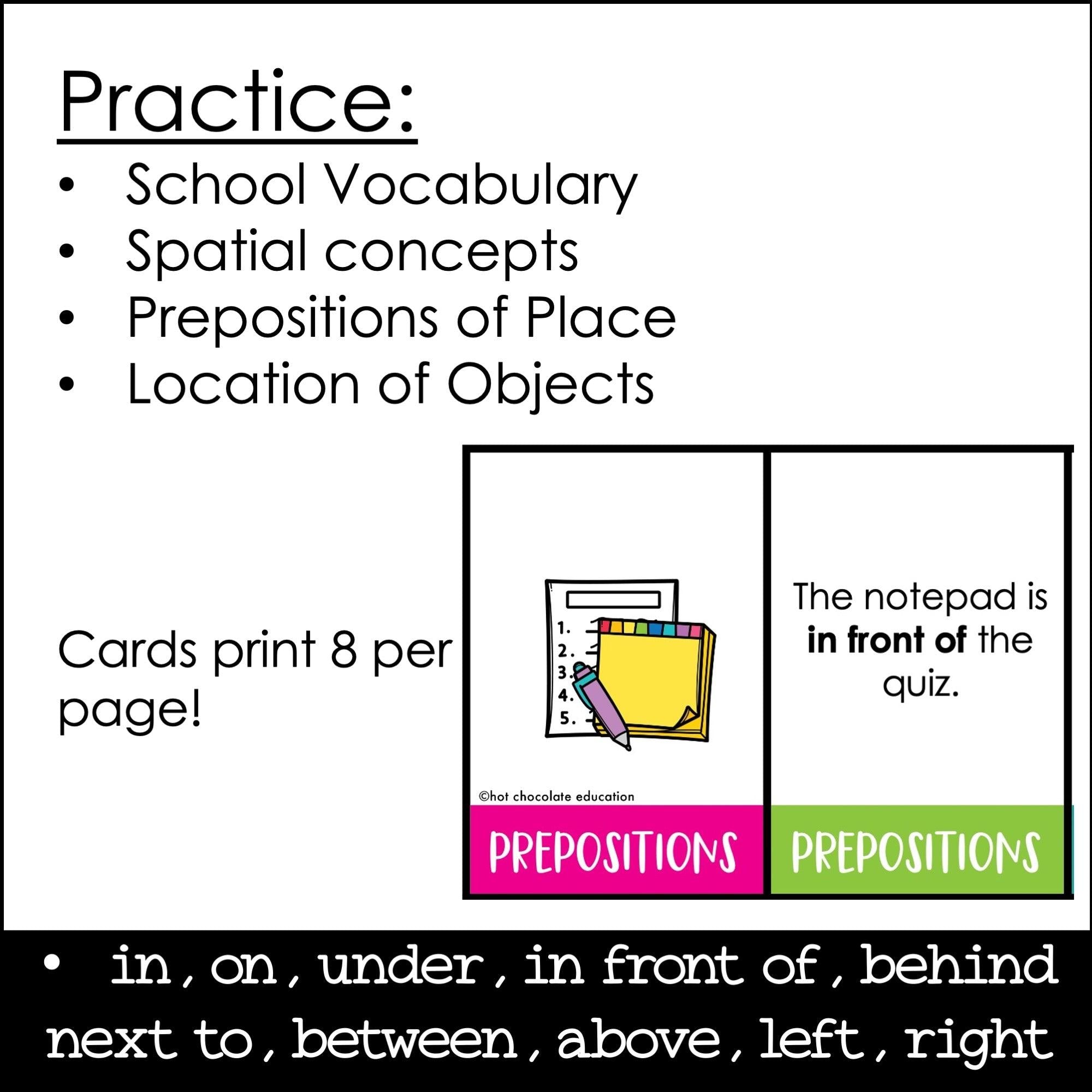 Prepositions of Place Cards: Back to School Matching Cards