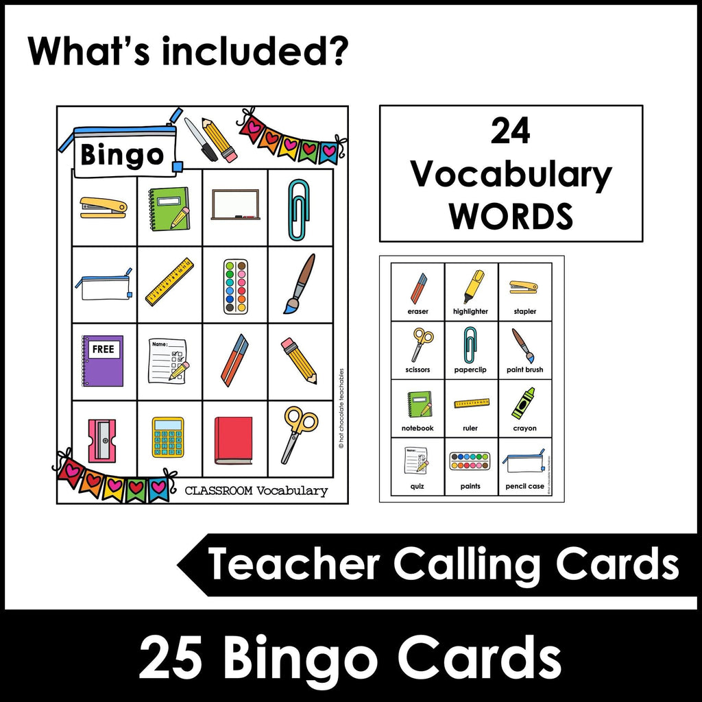 Classroom & School Supplies Bingo Game - Vocabulary Building – Hot ...