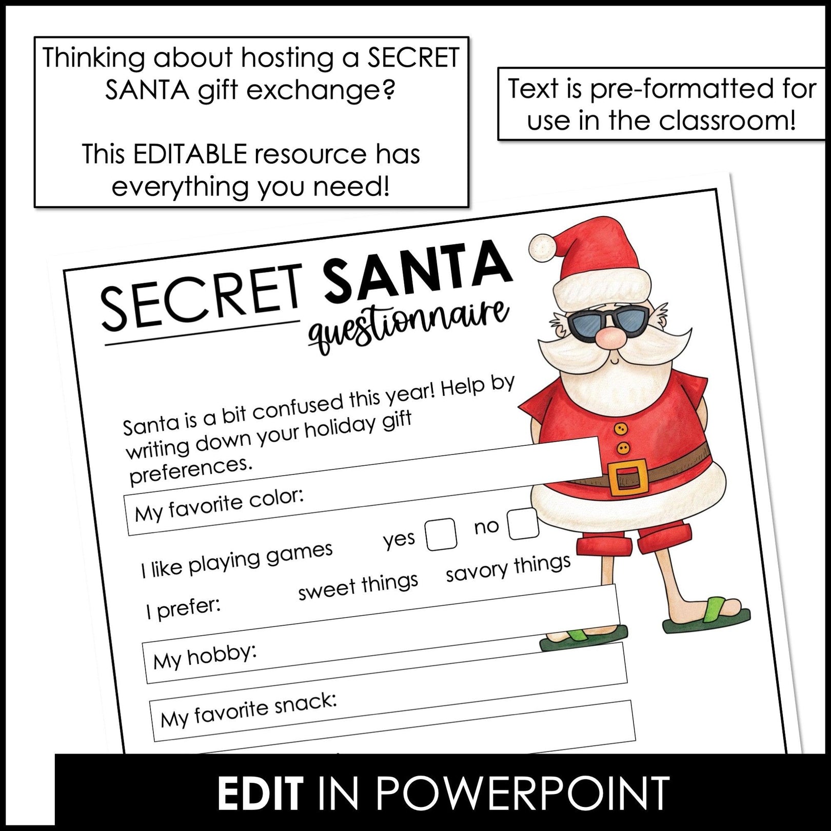 Secret Santa Kit - Questionnaire for Classroom Gift Exchange
