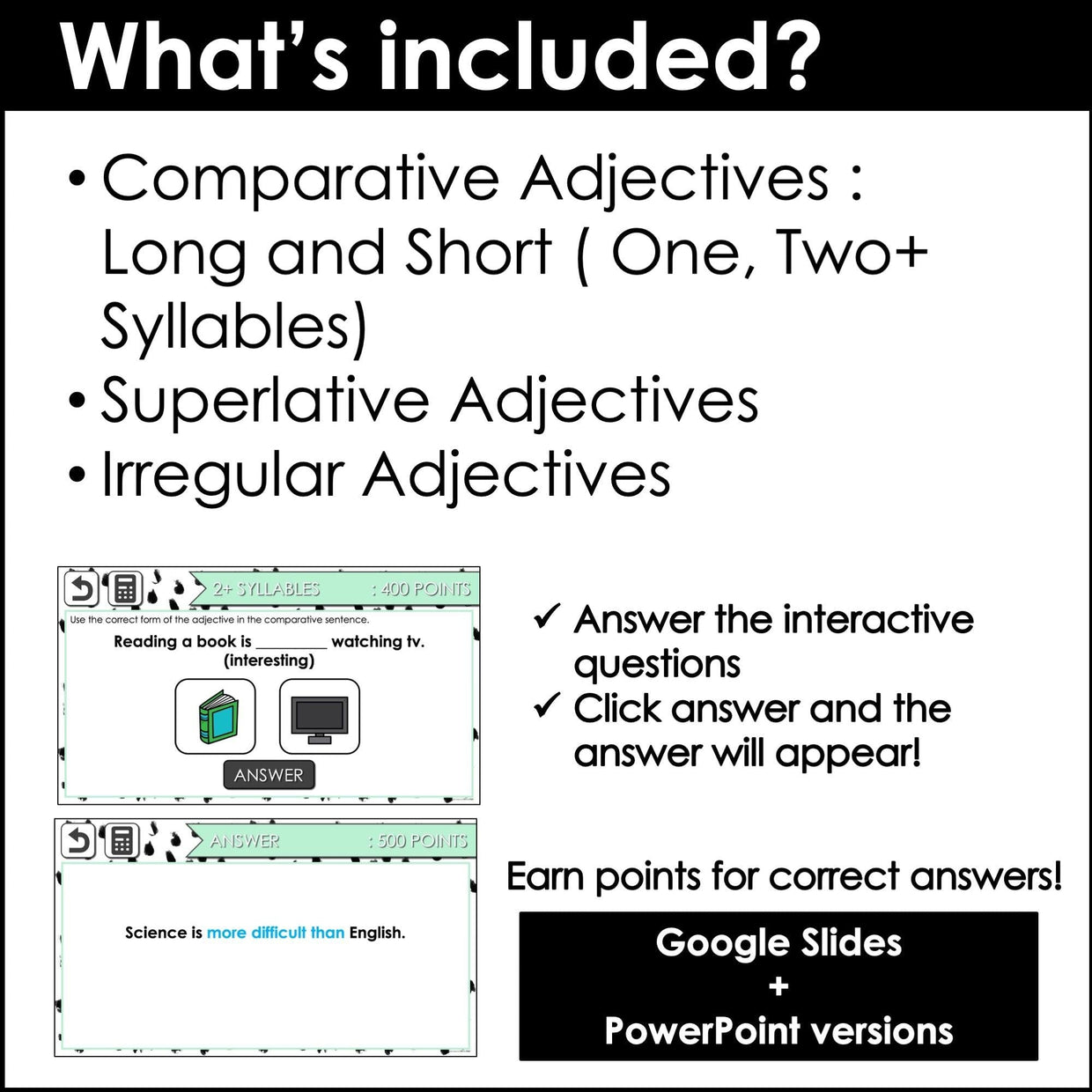 Jeopardy Style Adjective Game: Comparative and Superlative