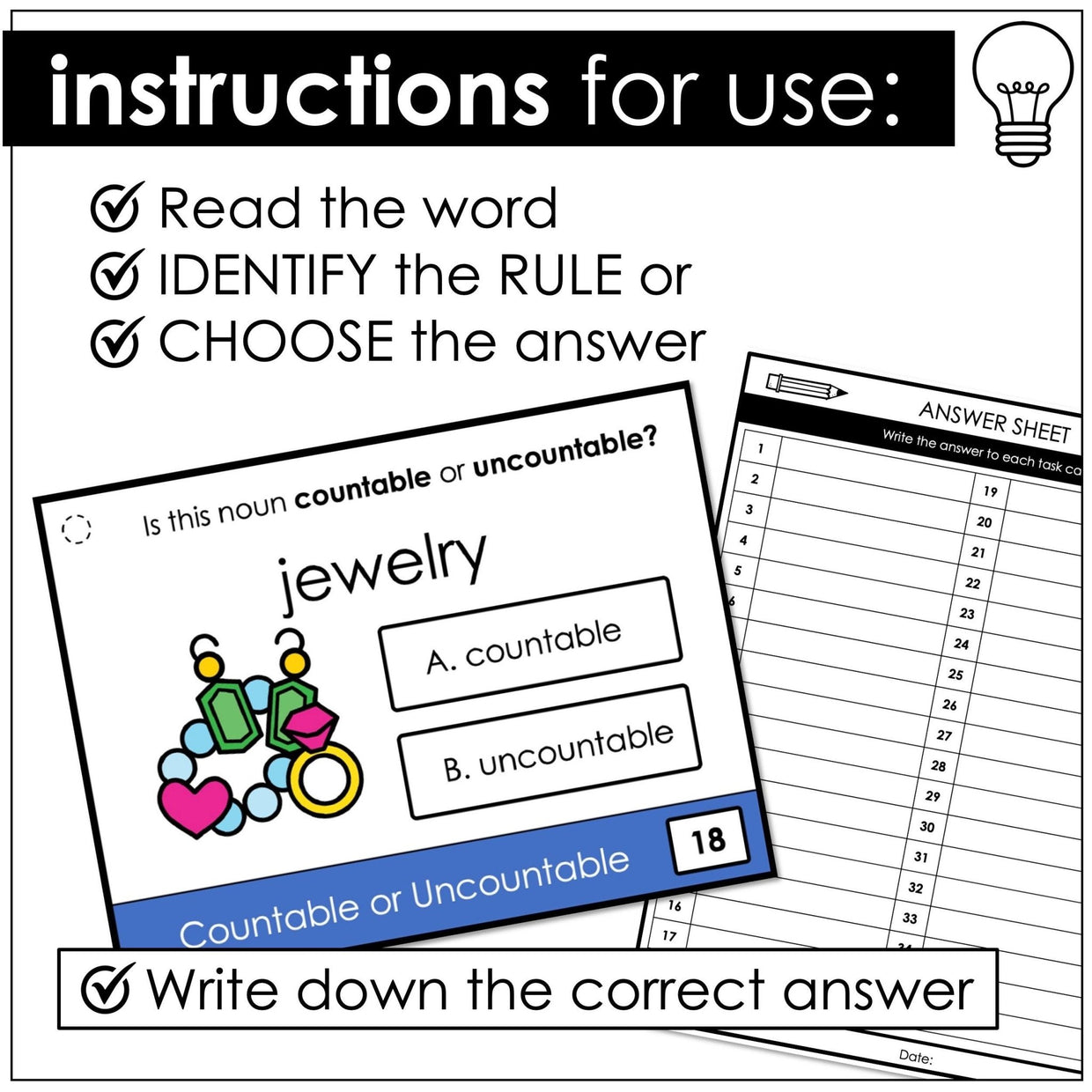 Countable & Uncountable Task Cards - Count Noncount Activity