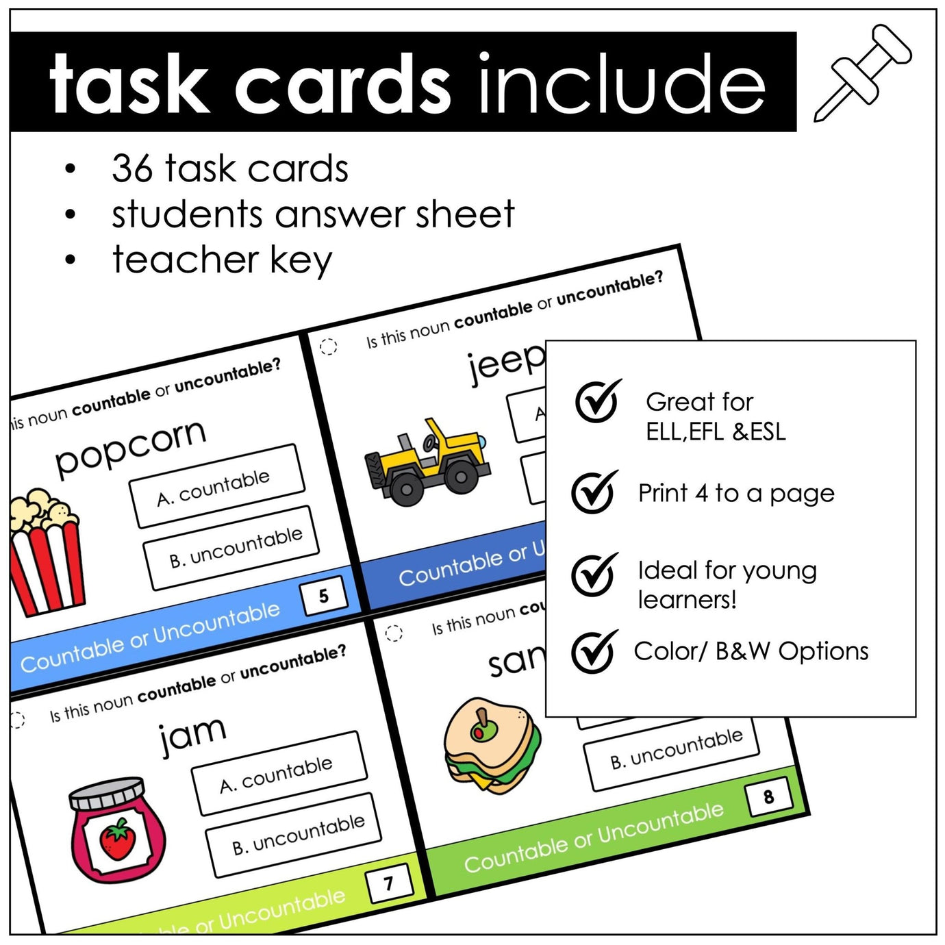 Countable & Uncountable Task Cards - Count Noncount Activity