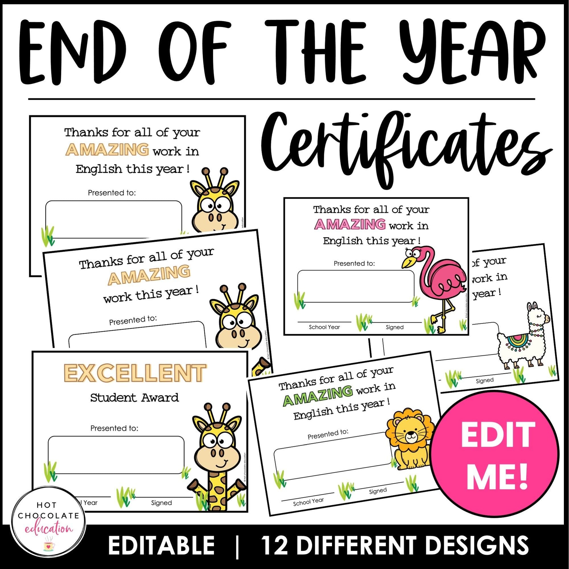 Editable End of Year English Award Certificate - ESL – Hot Chocolate ...