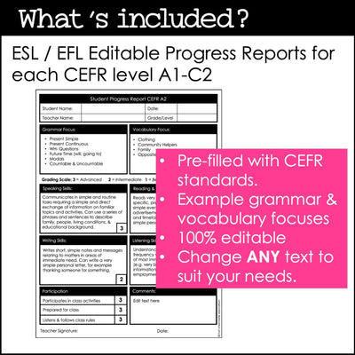 Editable ESL & EFL Progress Reports CEFR Alignment A1-C2 – Hot ...