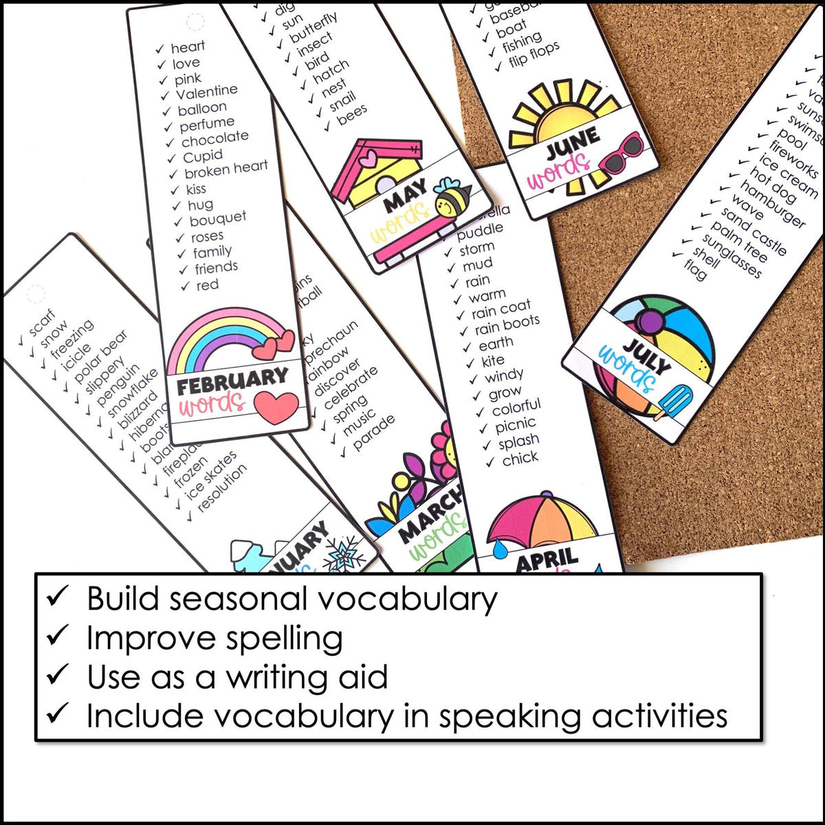 Monthly Vocabulary Word Bookmarks - Editable - Spelling