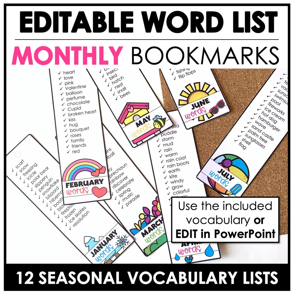 Monthly Vocabulary Word Bookmarks - Editable - Spelling – Hot Chocolate ...
