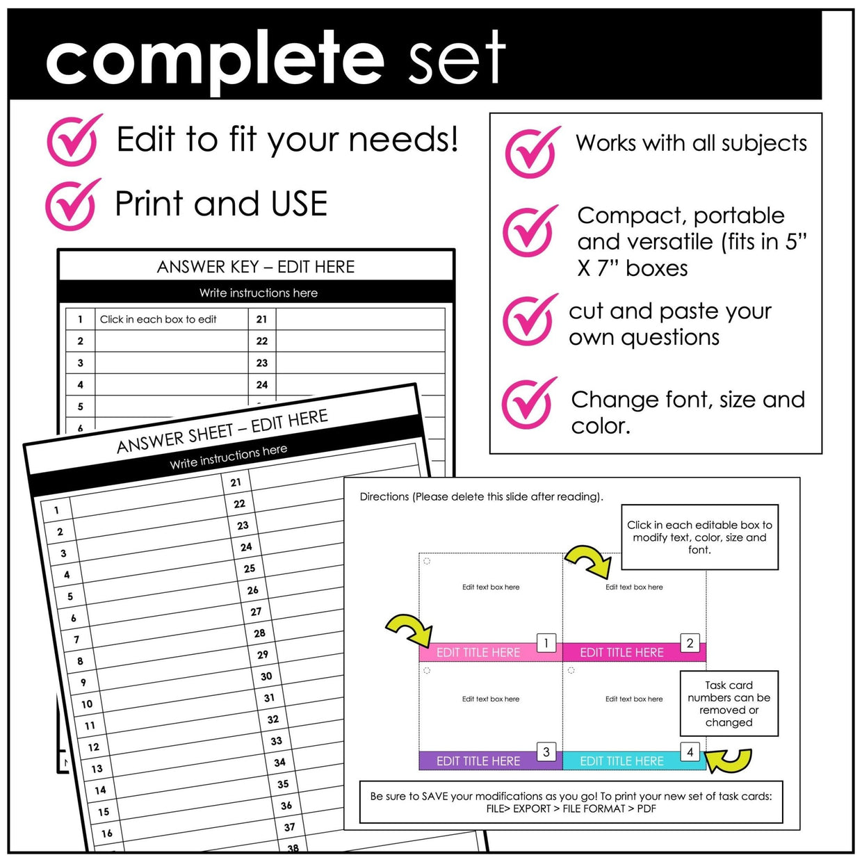 Task Card PowerPoint Templates - Editable - Color & B&W