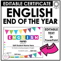 End of Year English Award Certificate - Editable Template – Hot ...
