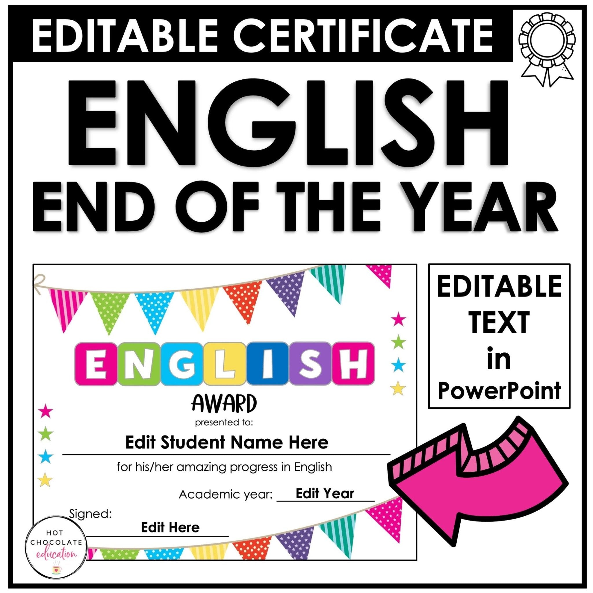 End of Year English Award Certificate - Editable Template – Hot ...