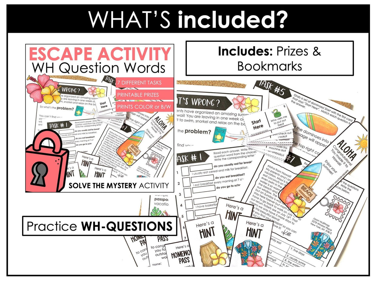English Escape Room Bundle - WH Questions, Verbs, Sentences