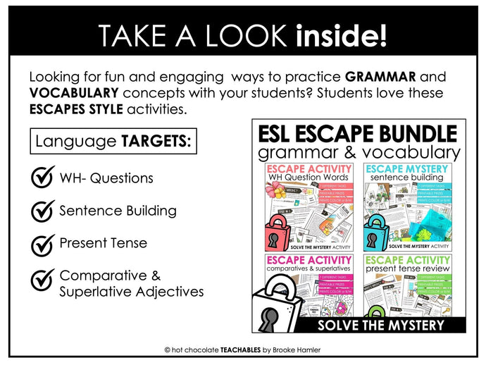 English Escape Room Bundle - WH Questions, Verbs, Sentences