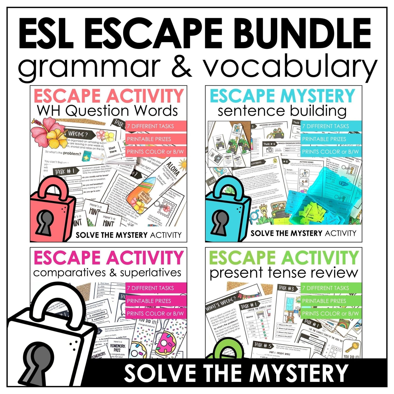 English Escape Room Bundle - WH Questions, Verbs, Sentences