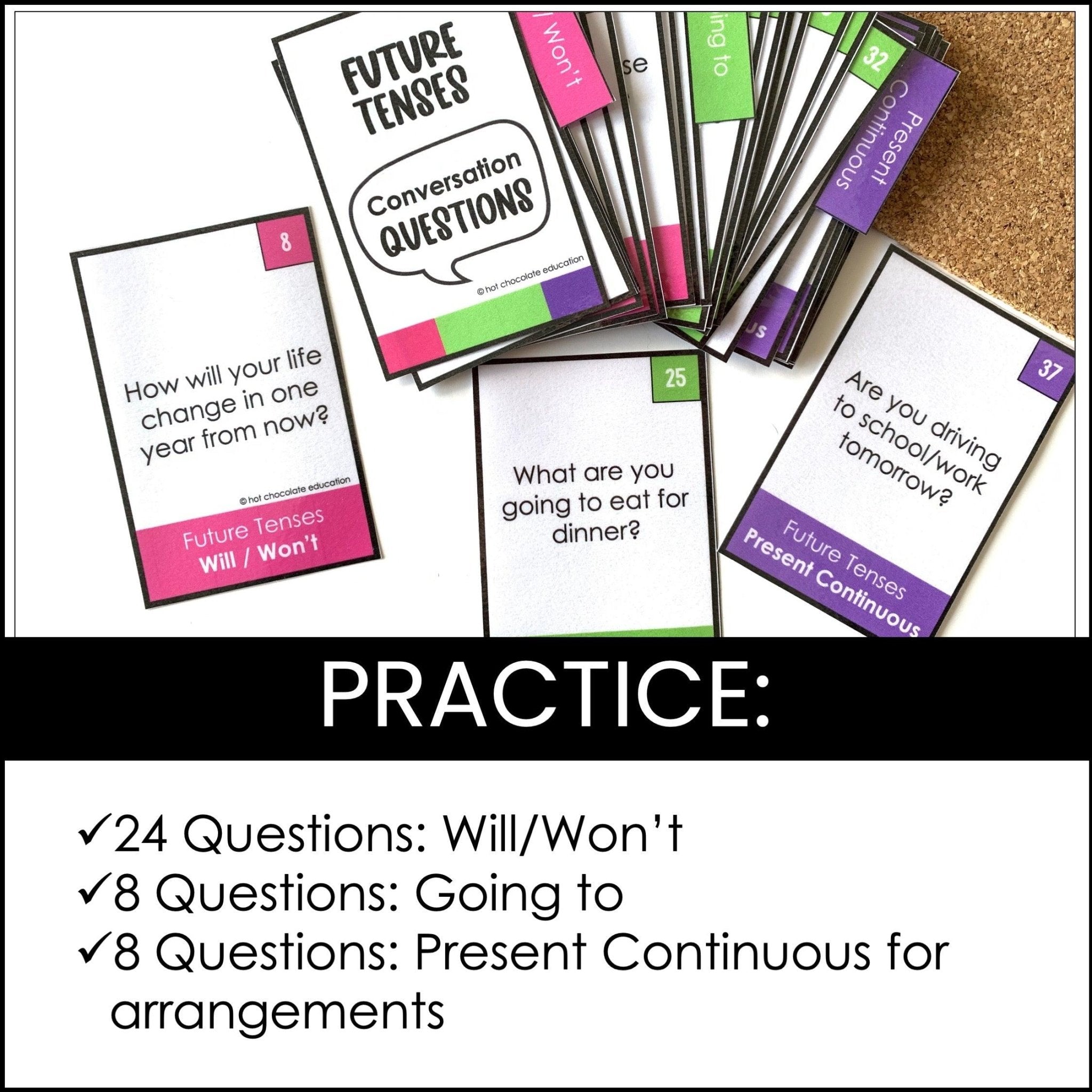 ESL Conversation Cards - Future Tenses - will/won't – Hot Chocolate ...