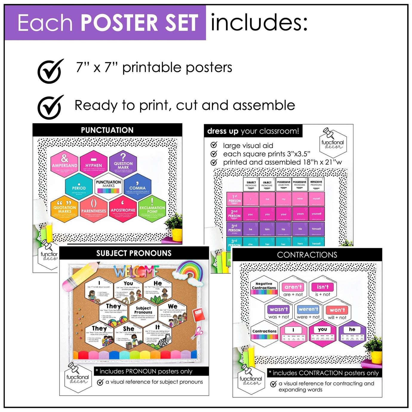 ESL Grammar Posters: Contraction, Pronoun & Punctuation