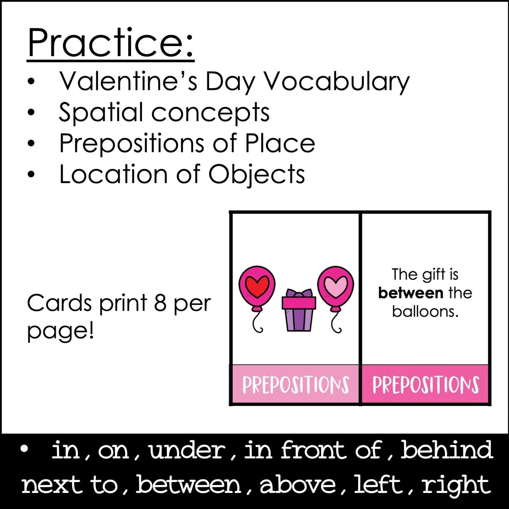 Valentine's Day Prepositions Card Match - ESL Vocabulary