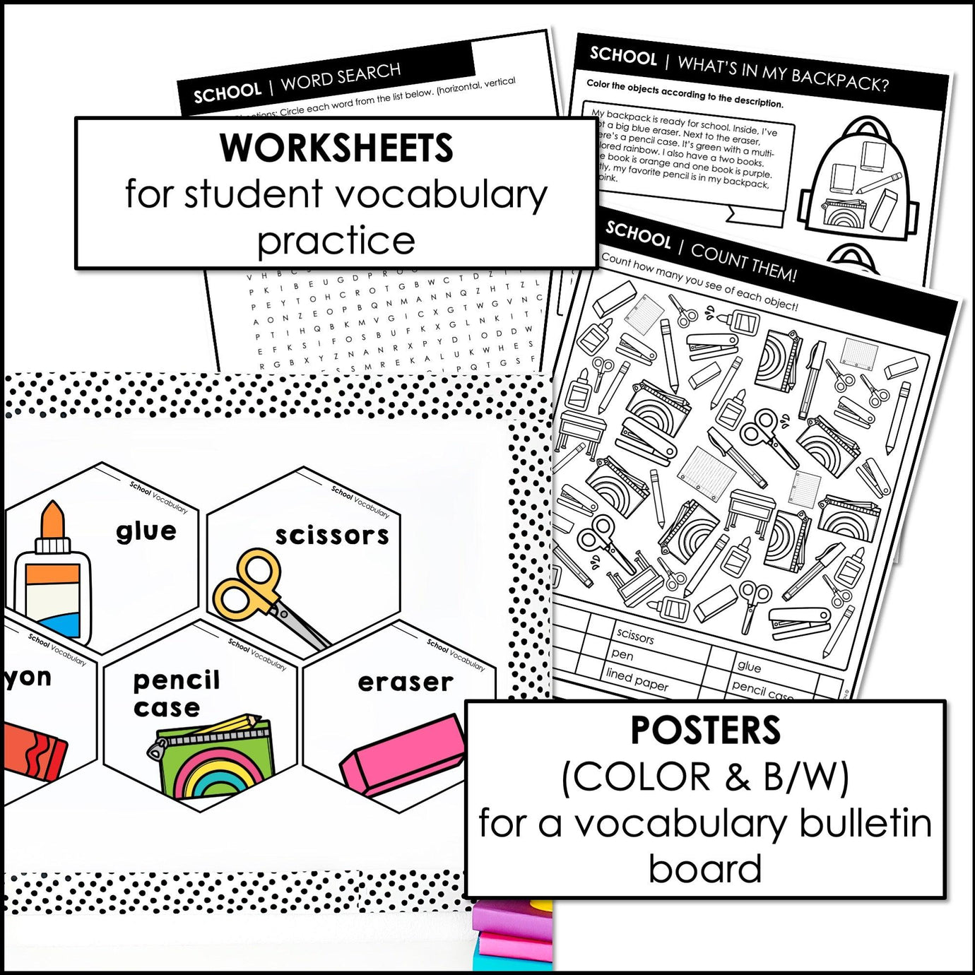ESL School Supply Helpers: Dictionary, Worksheets & Posters