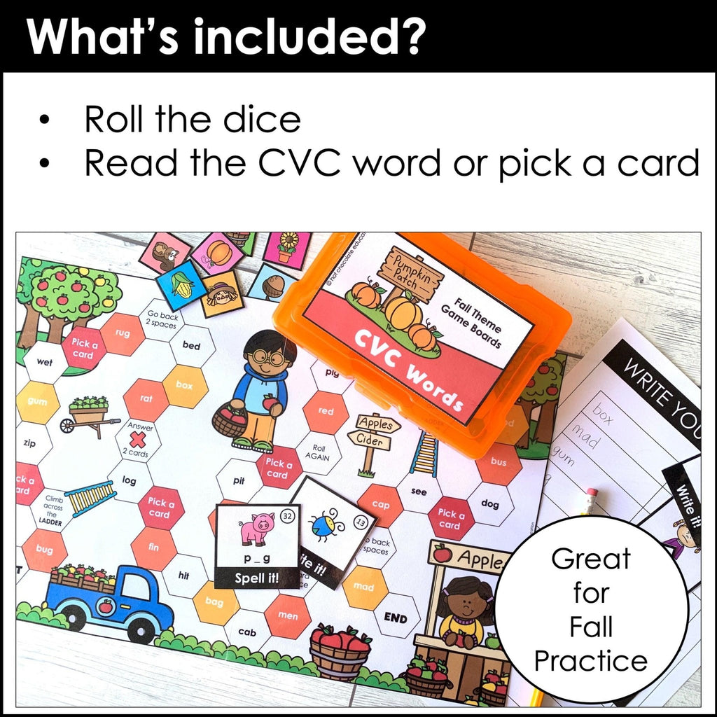 Fall CVC Word Roll & Read Games: Short Vowel Practice – Hot Chocolate ...