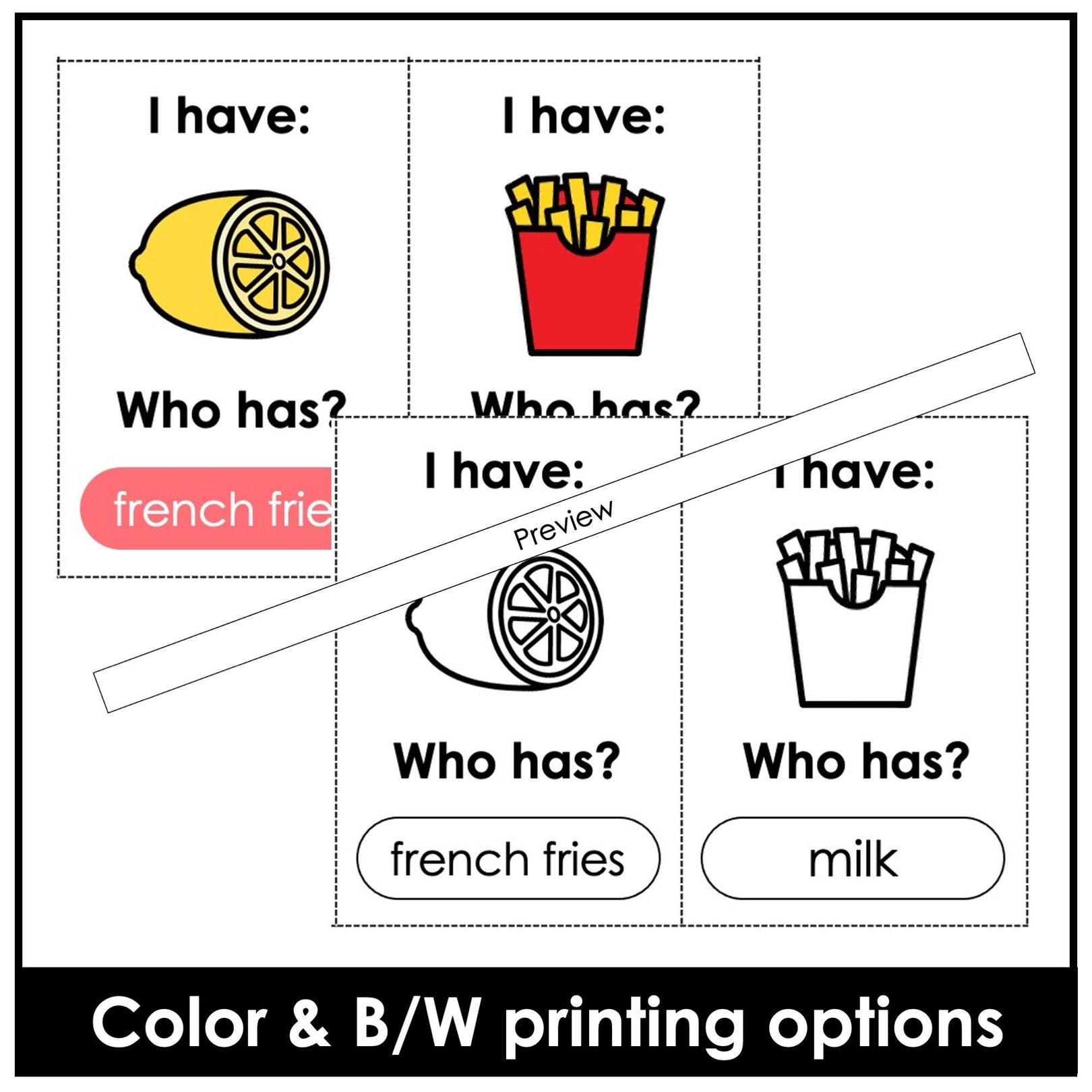 Food Vocabulary Card Game: I have/Who has?