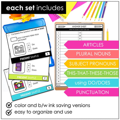 Grammar Task Card Bundle - ESL Beginner Concepts – Hot Chocolate Teachables