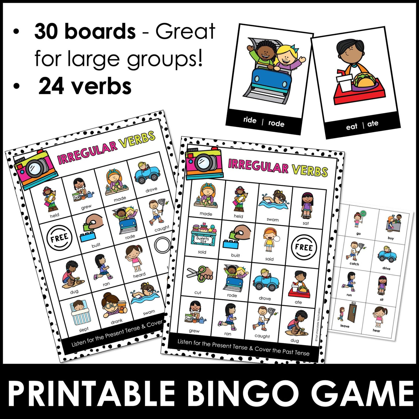 Irregular Verbs Bingo Game | Past Tense Verbs + Flashcards