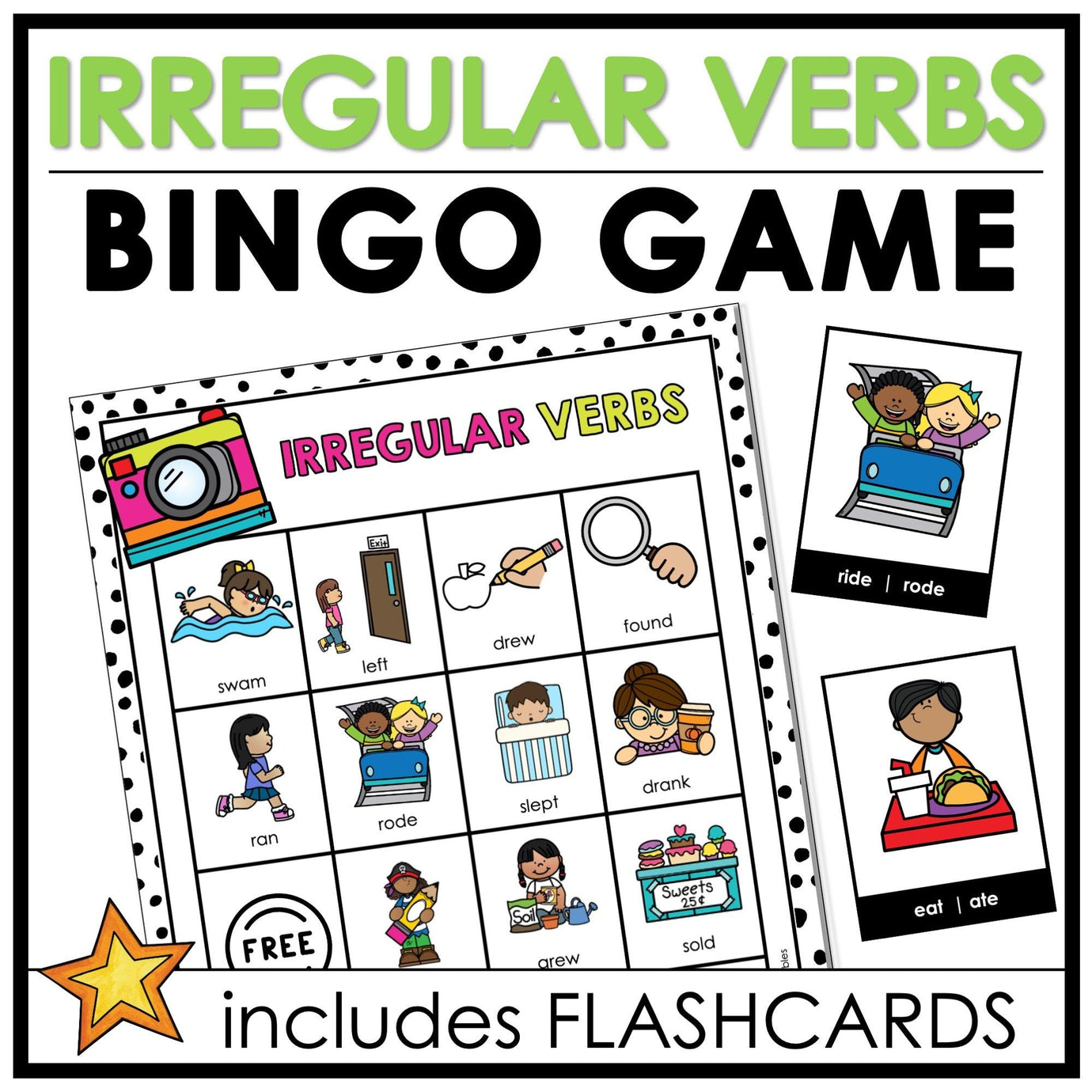 Irregular Verbs Bingo Game | Past Tense Verbs + Flashcards