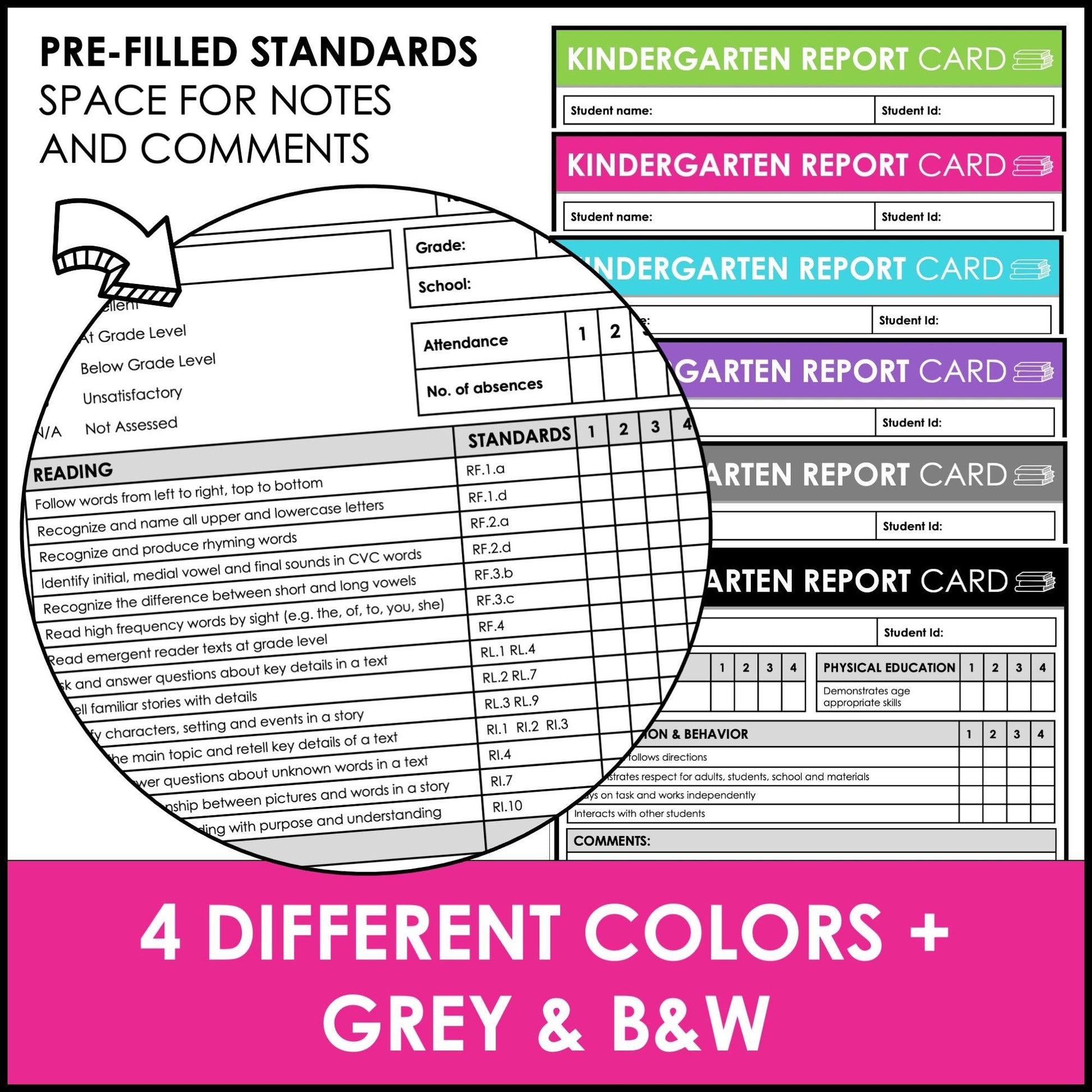 Kindergarten Editable Report Card Templates - Common Core