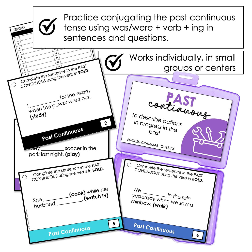 ESL Grammar Task Cards: Past Continuous Verbs - Past Actions – Hot ...