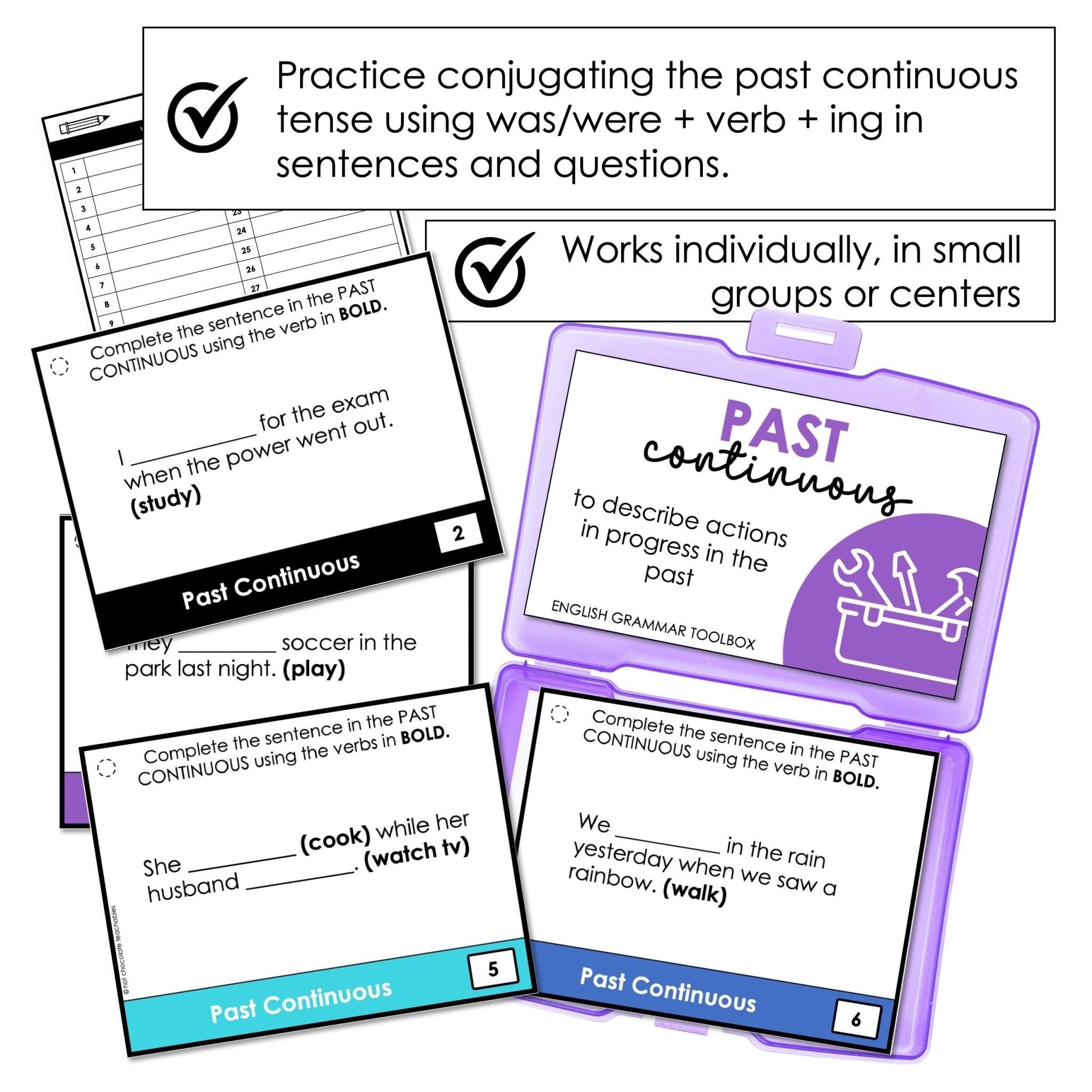 ESL Grammar Task Cards: Past Continuous Verbs - Past Actions – Hot ...