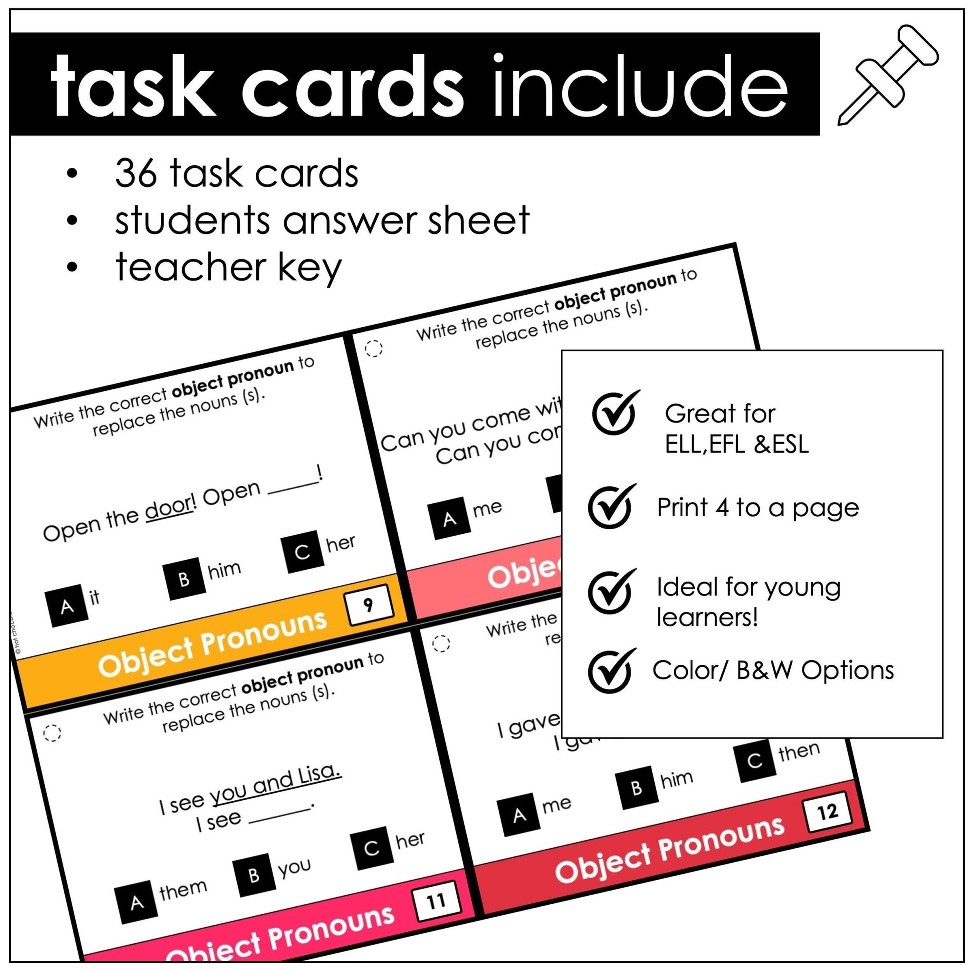 ESL Subject & Object Pronoun Task Cards
