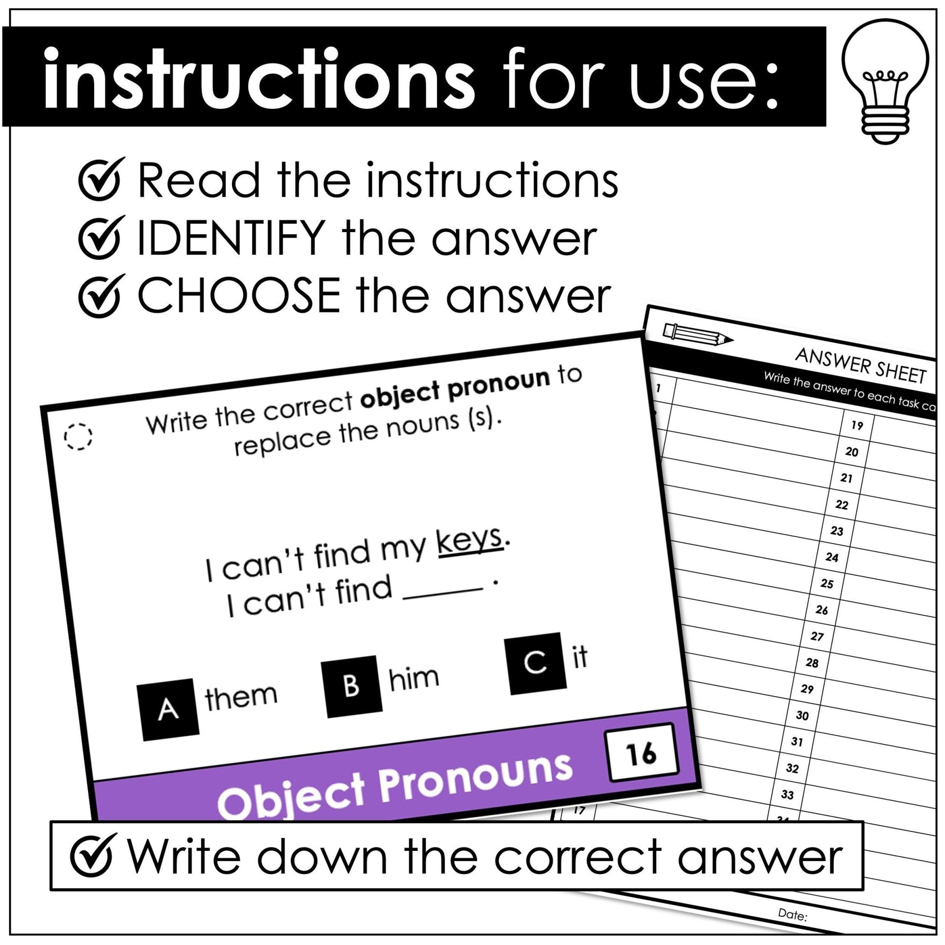 ESL Subject & Object Pronoun Task Cards