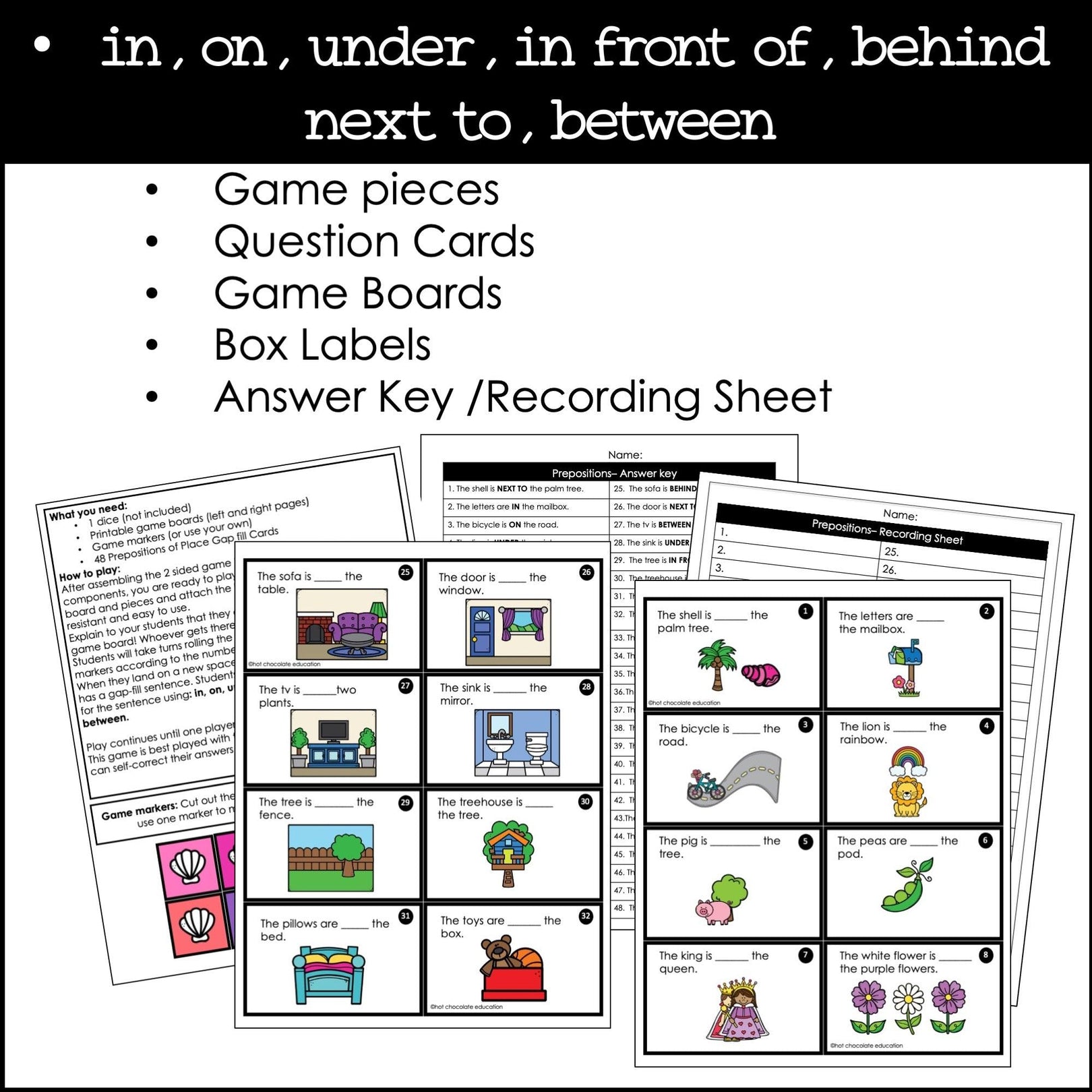Place Prepositions Board Game | in, on, under, in front of