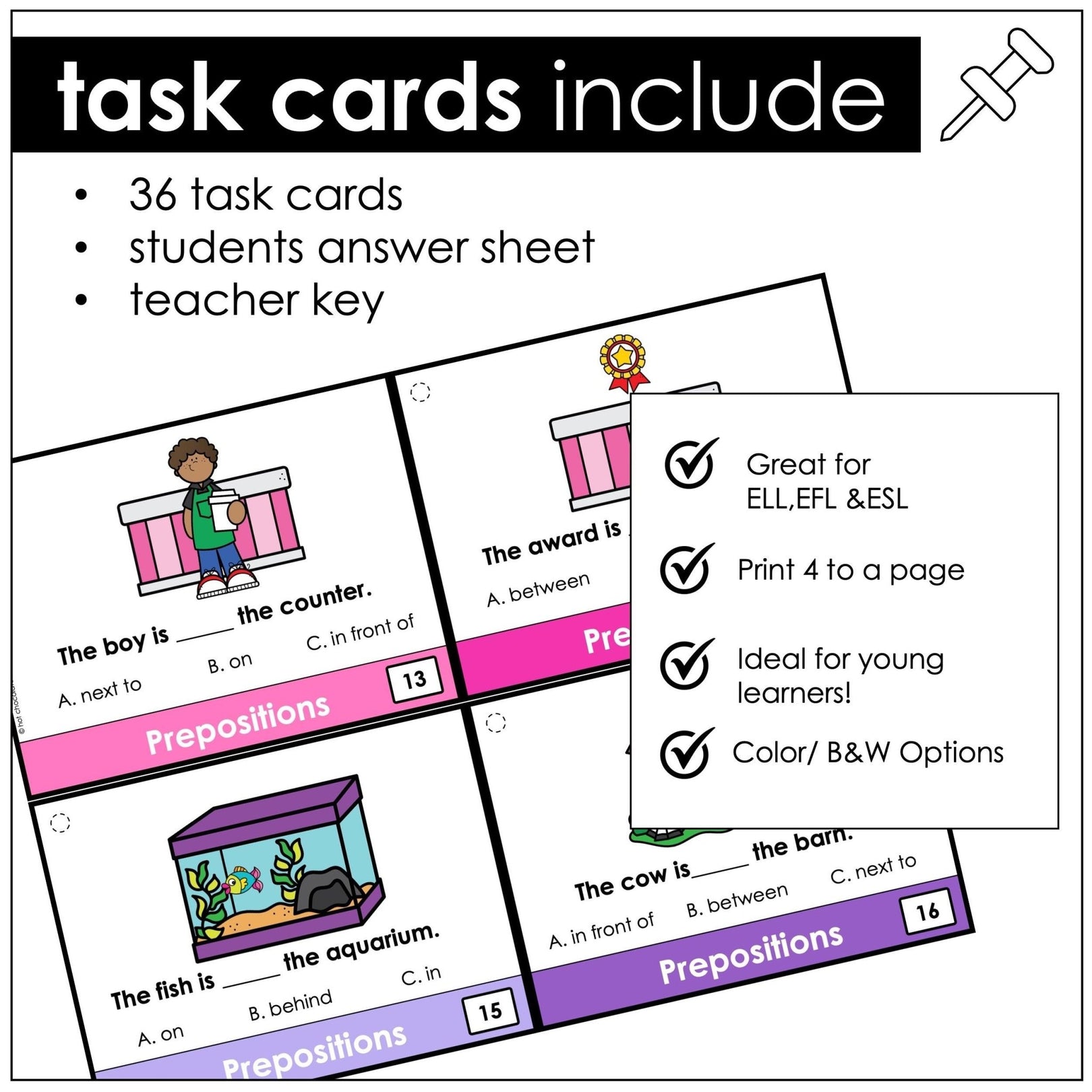 Prepositions of Place Task Cards - in, on, under, next to
