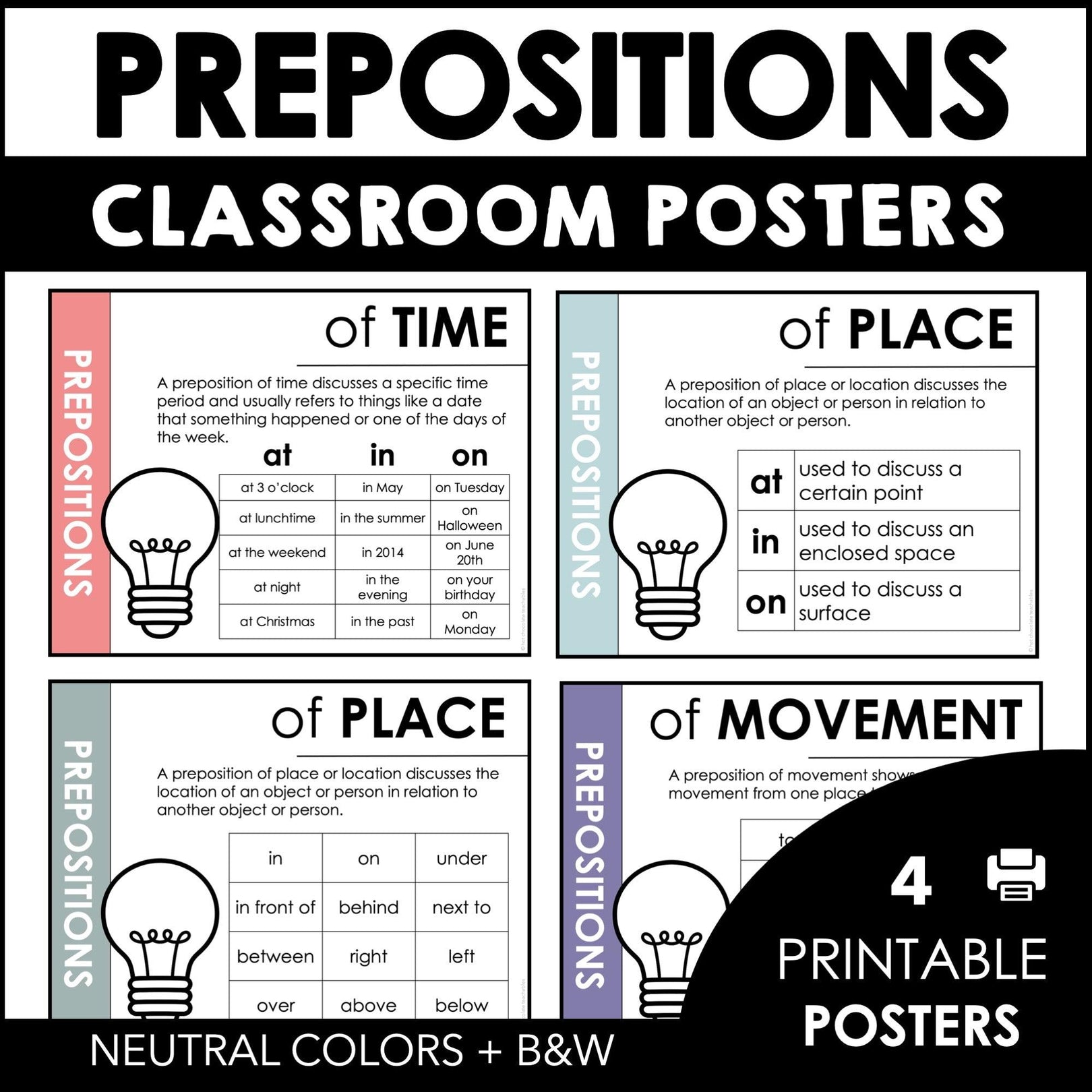 Time, Place, Movement Prepositions | Class Poster Set