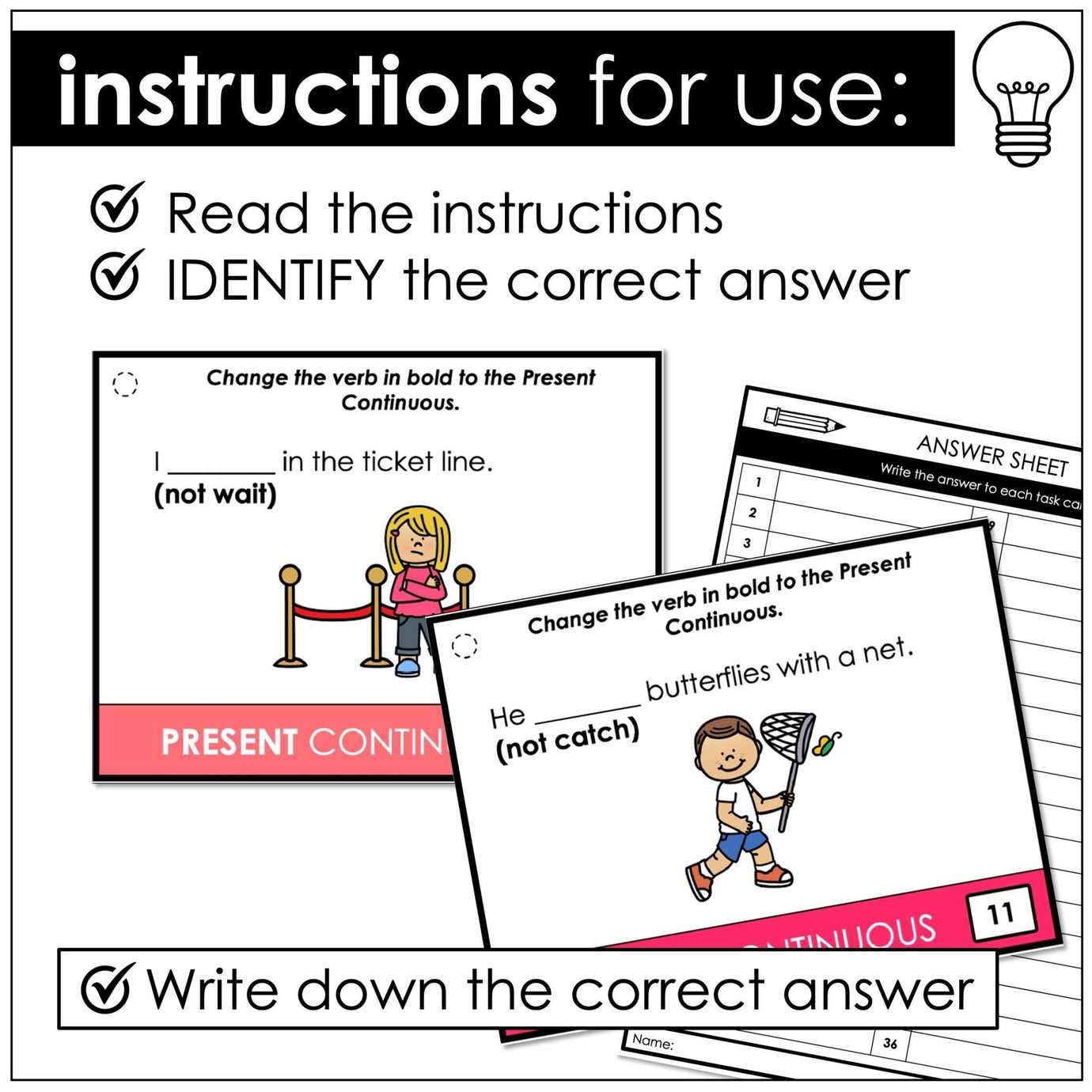 Verb Conjugation Task Cards: Present Continuous Sentences