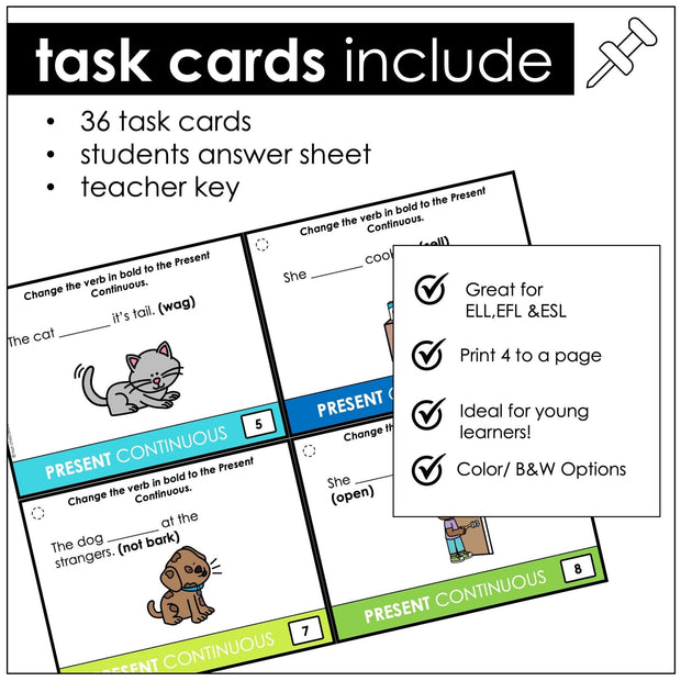 Verb Conjugation Task Cards: Present Continuous Sentences