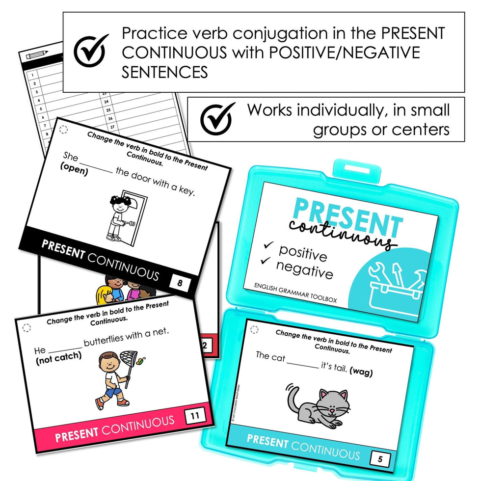 Verb Conjugation Task Cards: Present Continuous Sentences