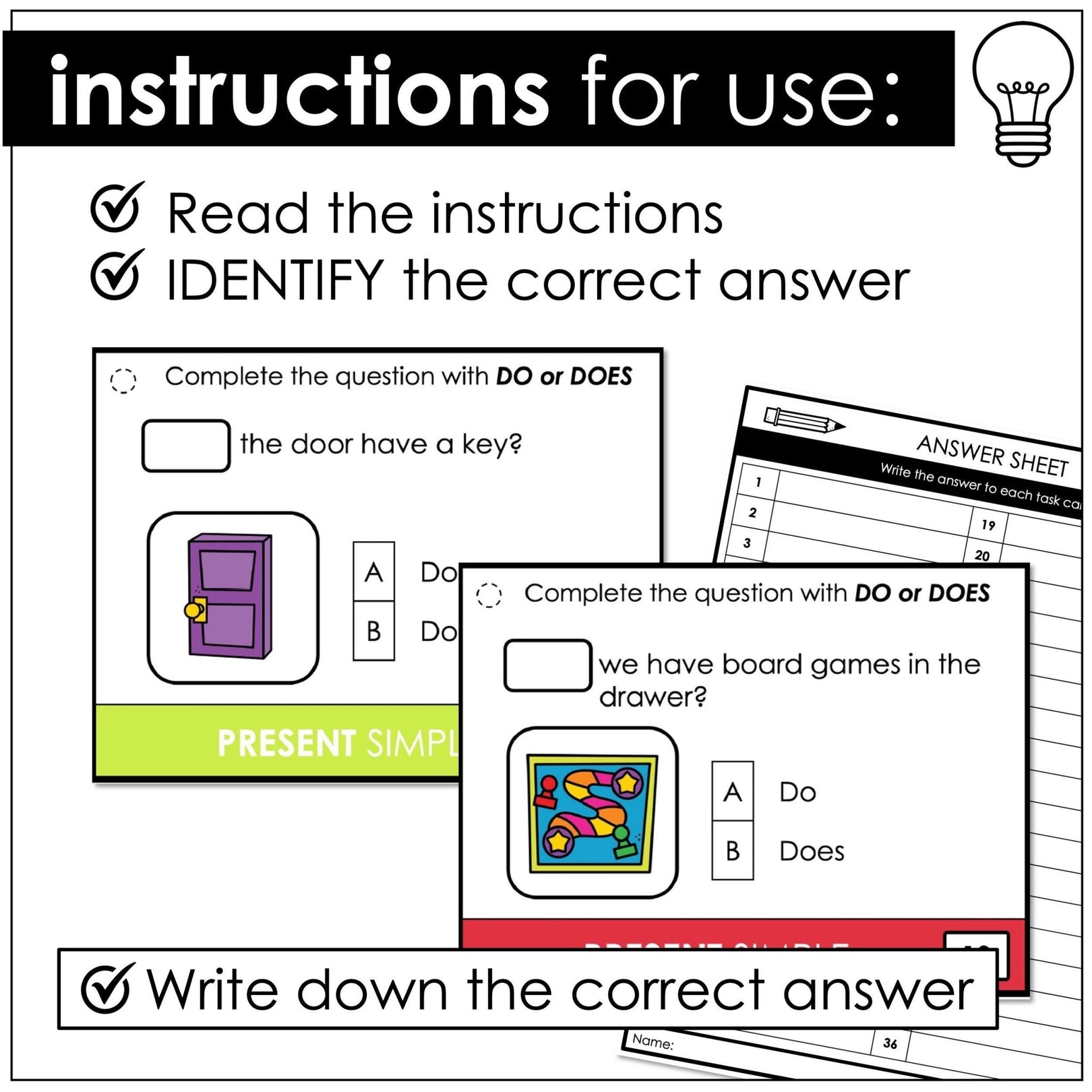 Subject-Verb Agreement Task Cards: Do or Does?